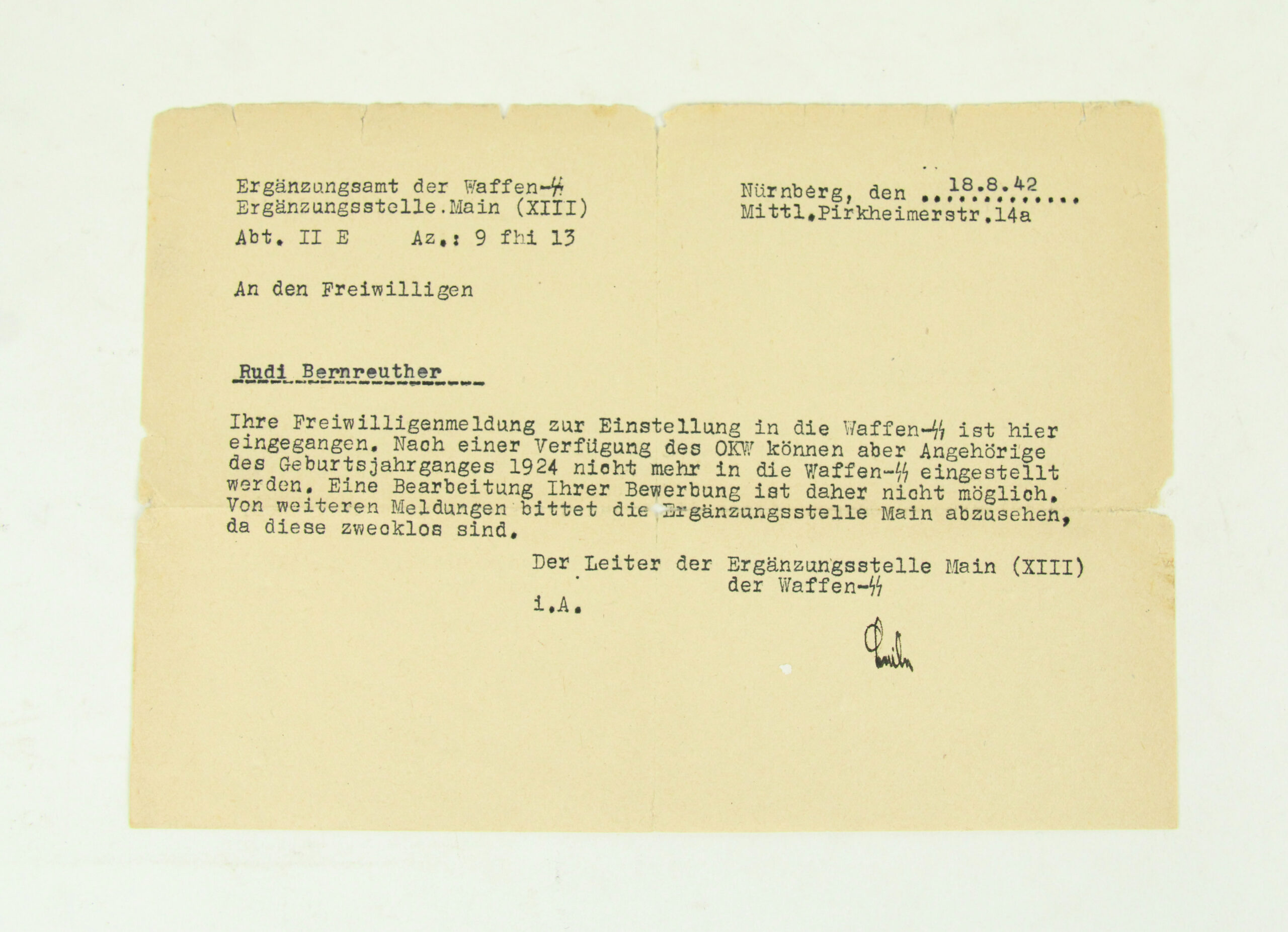 Waffen SS Rejection Letter - Market Garden Militaria